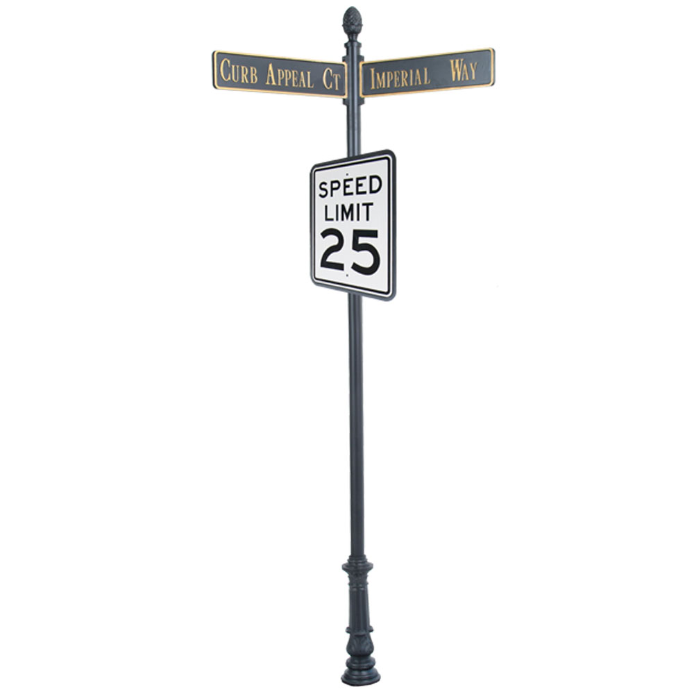 Century Round Post Street Sign with Cast Blades and 30" Rectangle Sign